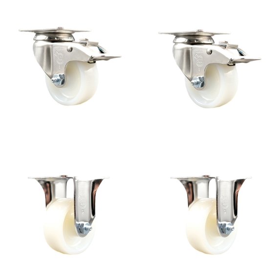 3 Inch 316SS Nylon Wheel Swivel Top Plate Caster Set 2 Lock Brake 2 ...
