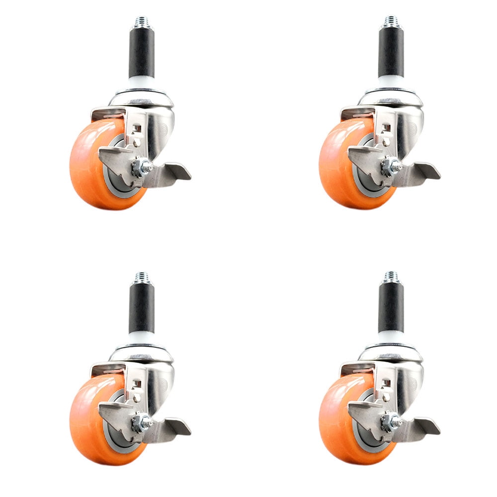 3 Inch 316SS Orange Poly Swivel 1 Inch Expanding Stem Caster Set Brake ...