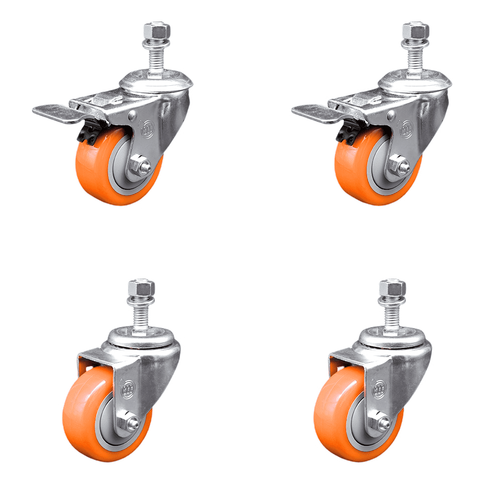 3 Inch 316SS Orange Polyurethane 12mm Threaded Stem Caster Set 2 Lock ...