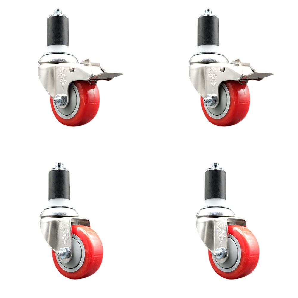3 Inch 316SS Red Poly Swivel 1-5/8 Inch Expanding Stem Caster Set 2 ...