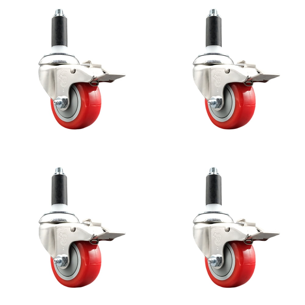 3 Inch 316SS Red Poly Swivel 1 Inch Expanding Stem Caster Set Lock ...