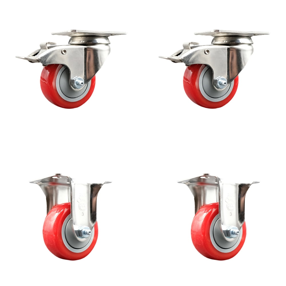 3 Inch 316SS Red Polyurethane Swivel Top Plate Caster Set 2 Lock Brake ...
