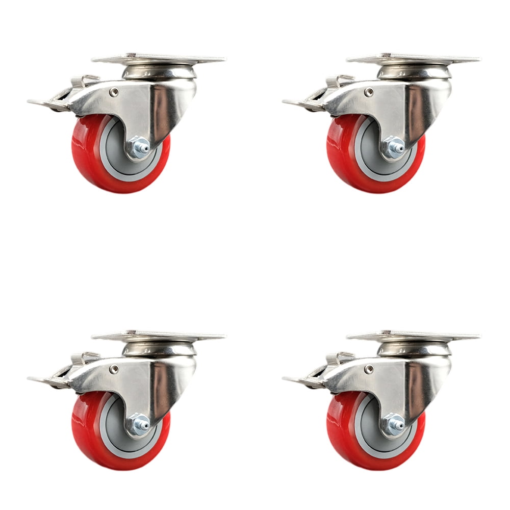 3 Inch 316SS Red Polyurethane Swivel Top Plate Caster Set Total Lock ...