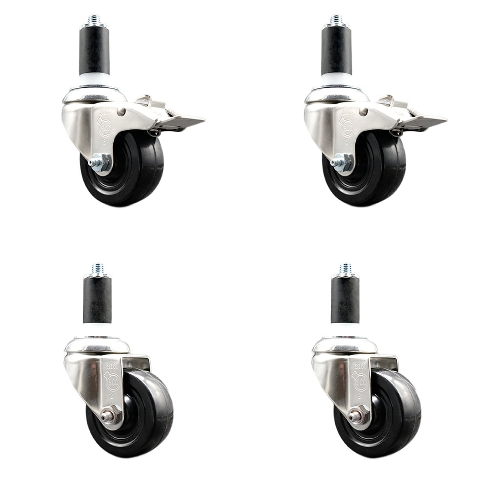 3 Inch 316SS Soft Rubber Swivel 1-1/4 Inch Stem Caster Set 2 Lock Brake ...