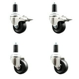 3 Inch 316SS Soft Rubber Swivel 1-1/4 Inch Stem Caster Set 2 Lock Brake ...