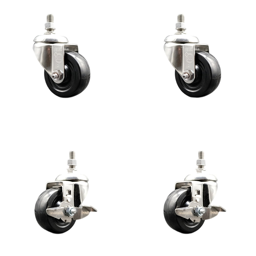 3 Inch 316SS Soft Rubber Wheel Swivel 10mm Threaded Stem Caster Set 2 ...