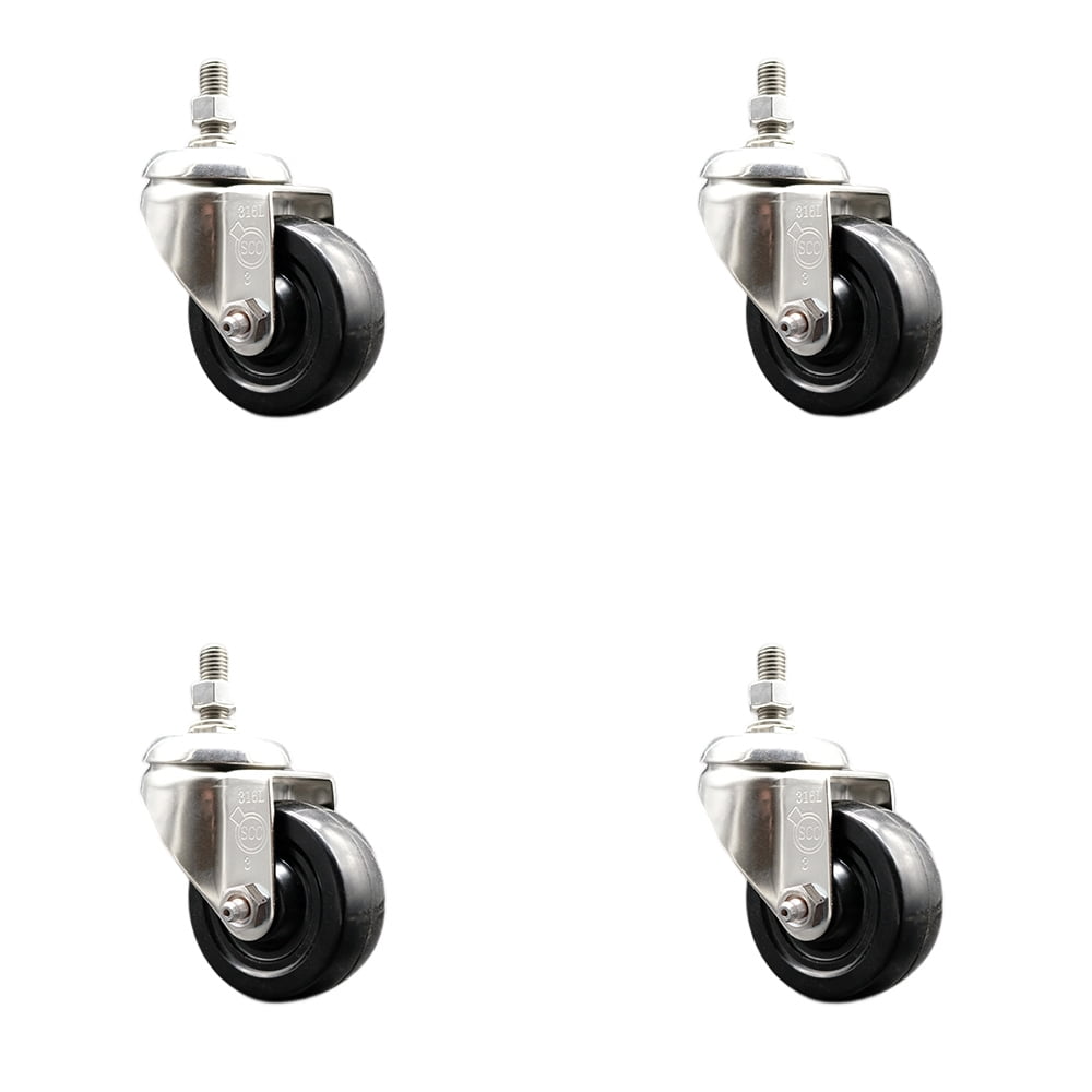 3 Inch 316SS Soft Rubber Wheel Swivel 10mm Threaded Stem Caster Set SCC ...