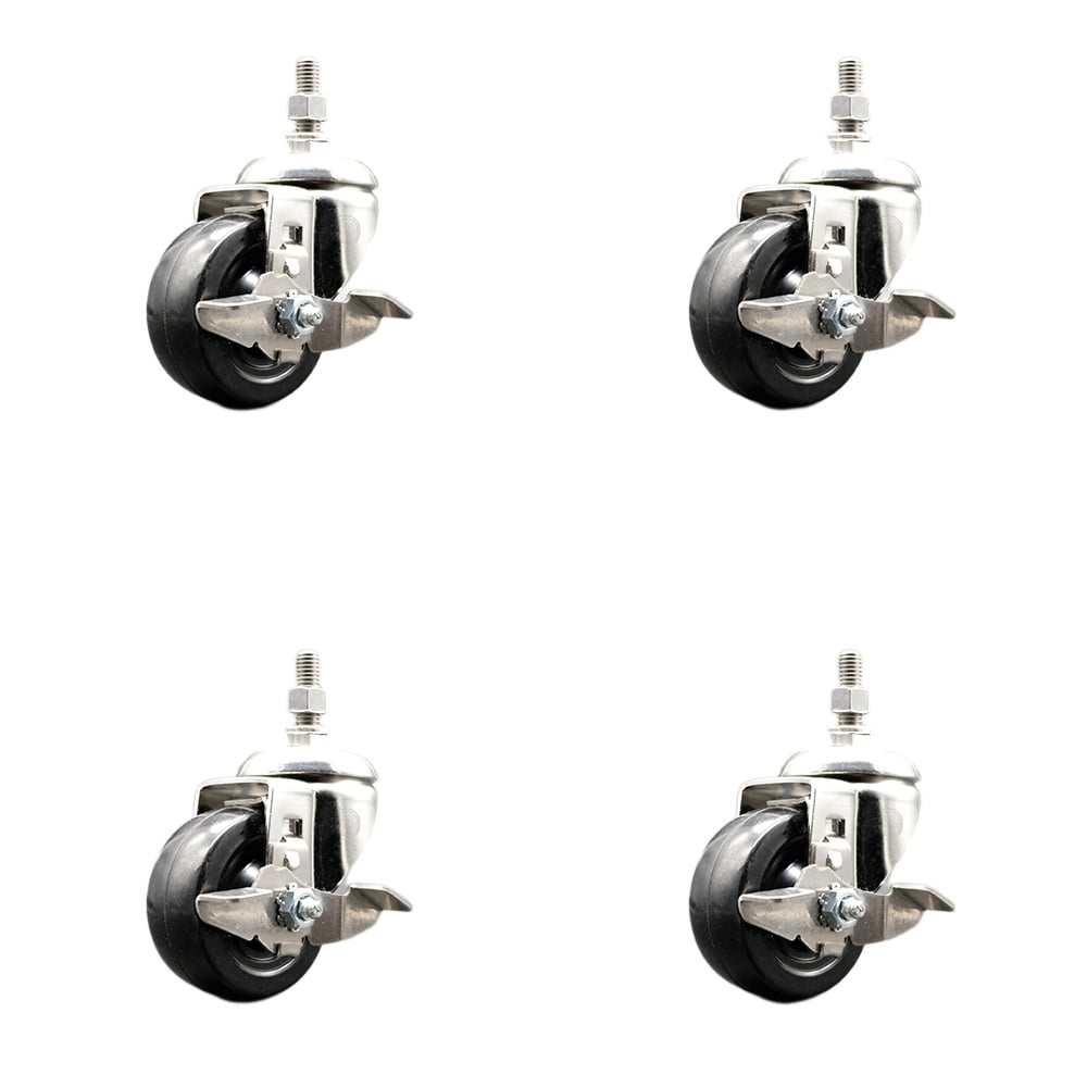 3 Inch 316SS Soft Rubber Wheel Swivel 12mm Threaded Stem Caster Set ...