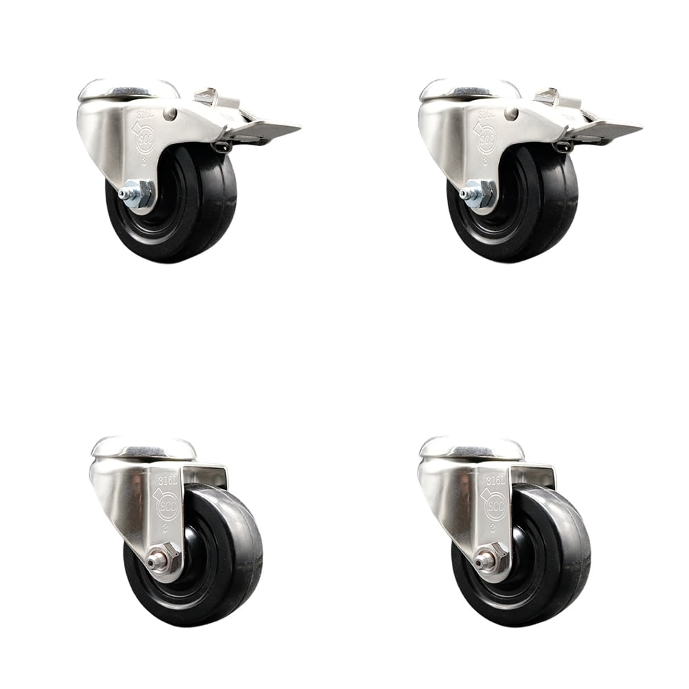 3 Inch 316SS Soft Rubber Wheel Swivel Bolt Hole Caster Set with 2 Lock ...