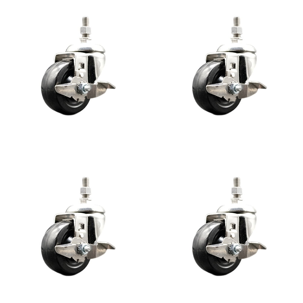 3 Inch 316SS Soft Rubber Wheel Swivel ½ Inch Threaded Stem Caster Set ...