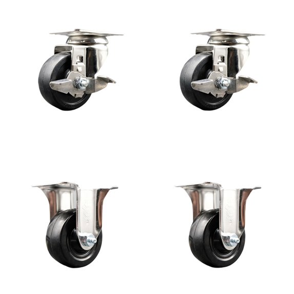 3 Inch 316SS Soft Rubber Wheel Swivel Top Plate Caster Set 2 Brake 2 ...