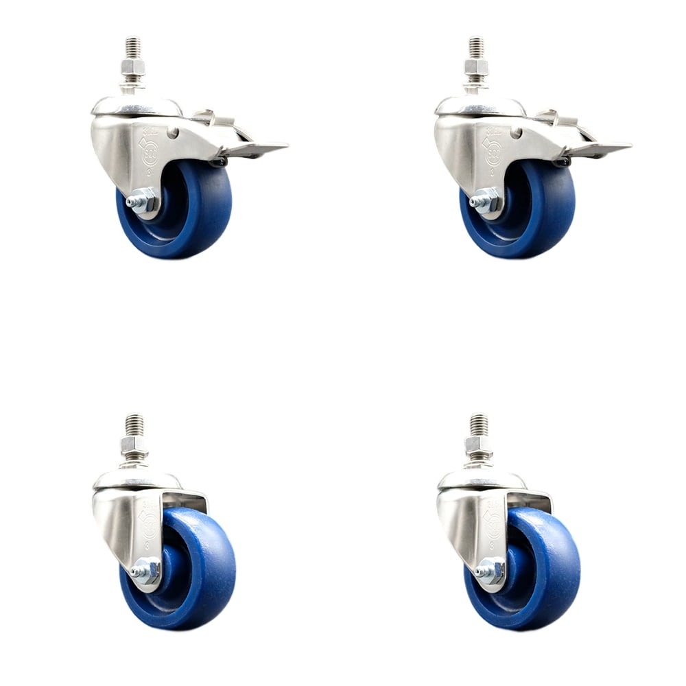 3 Inch 316SS Solid Polyurethane 12mm Threaded Stem Caster Set 2 Lock ...