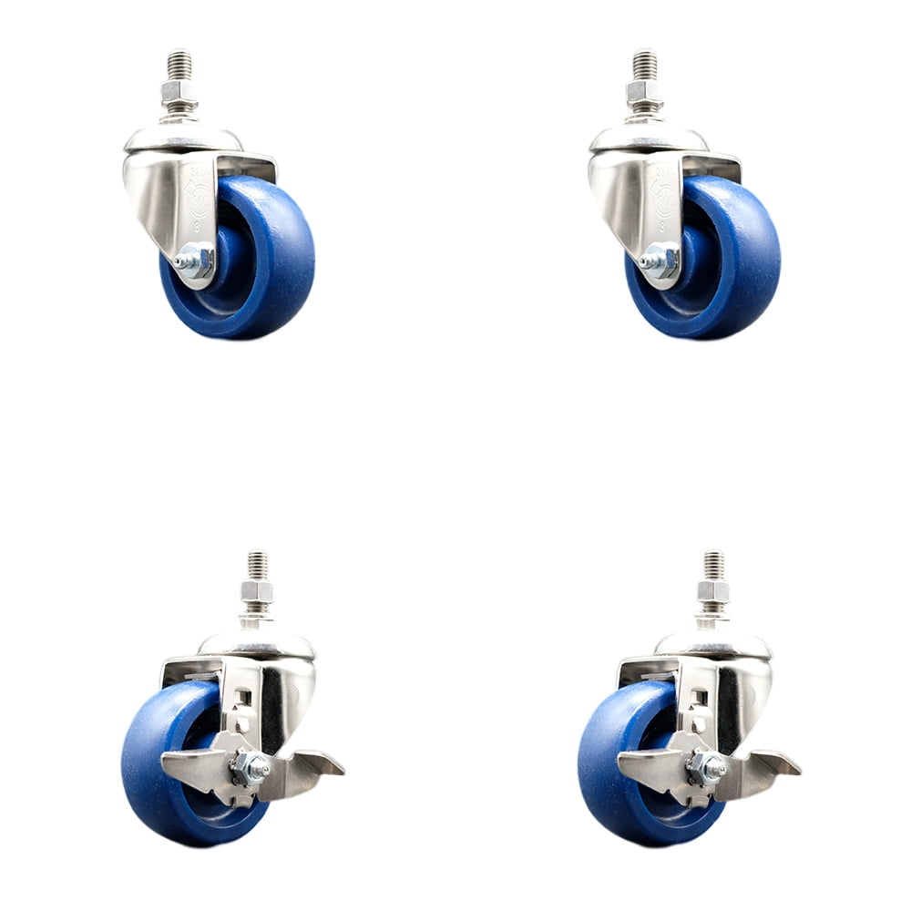 3 Inch 316SS Solid Polyurethane Swivel ½ Inch Threaded Stem Caster Set ...