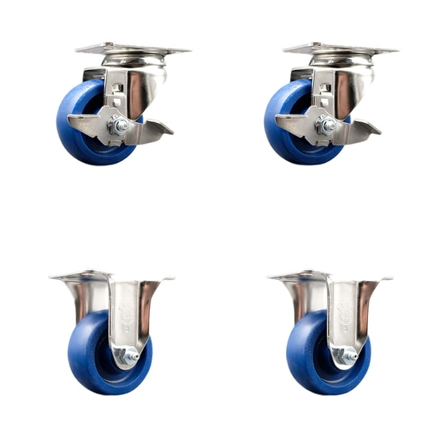 3 Inch 316SS Solid Polyurethane Swivel Top Plate Caster Set 2 Brake 2 ...