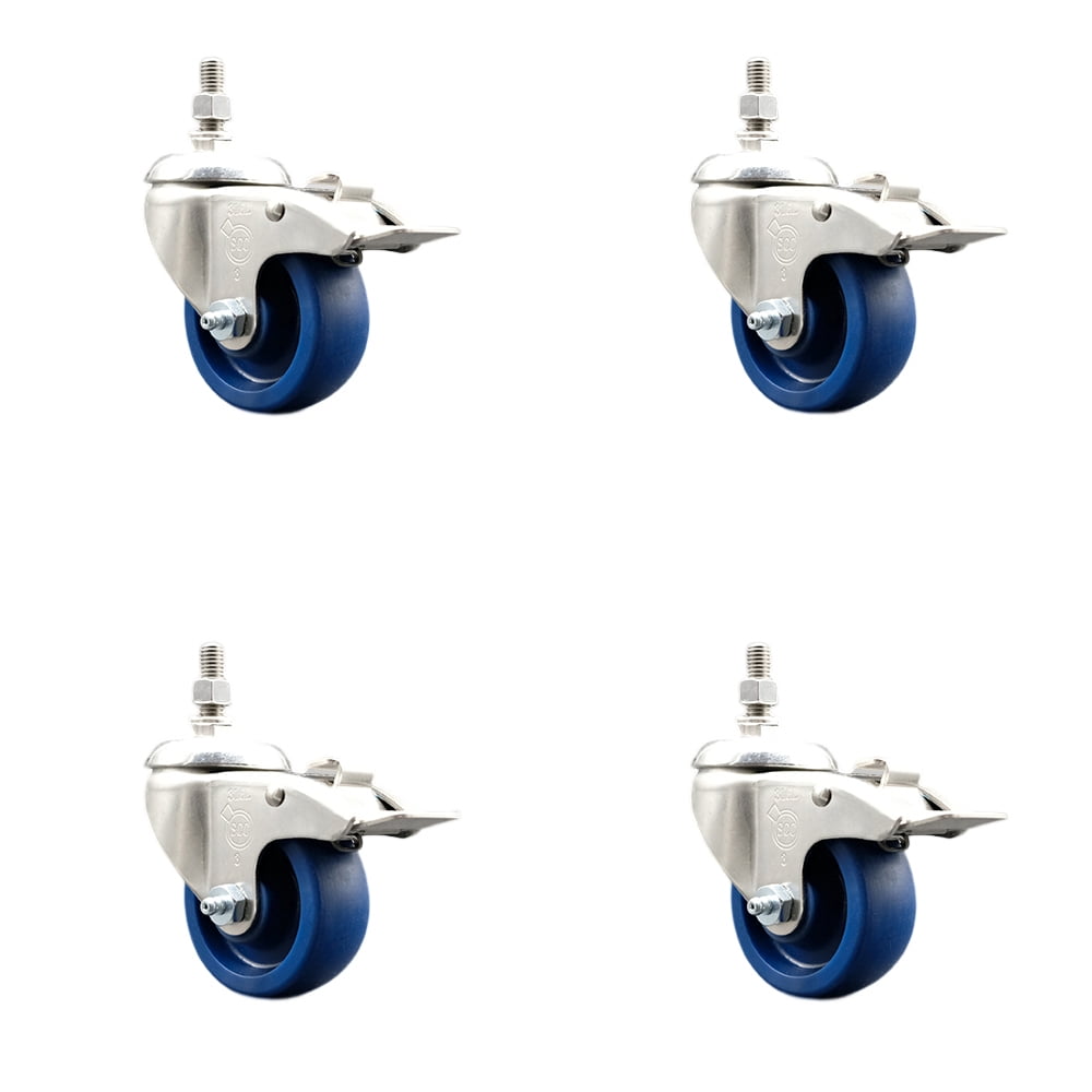3 Inch 316SS Solid Polyurethane Wheel Swivel 12mm Stem Caster Set Lock ...