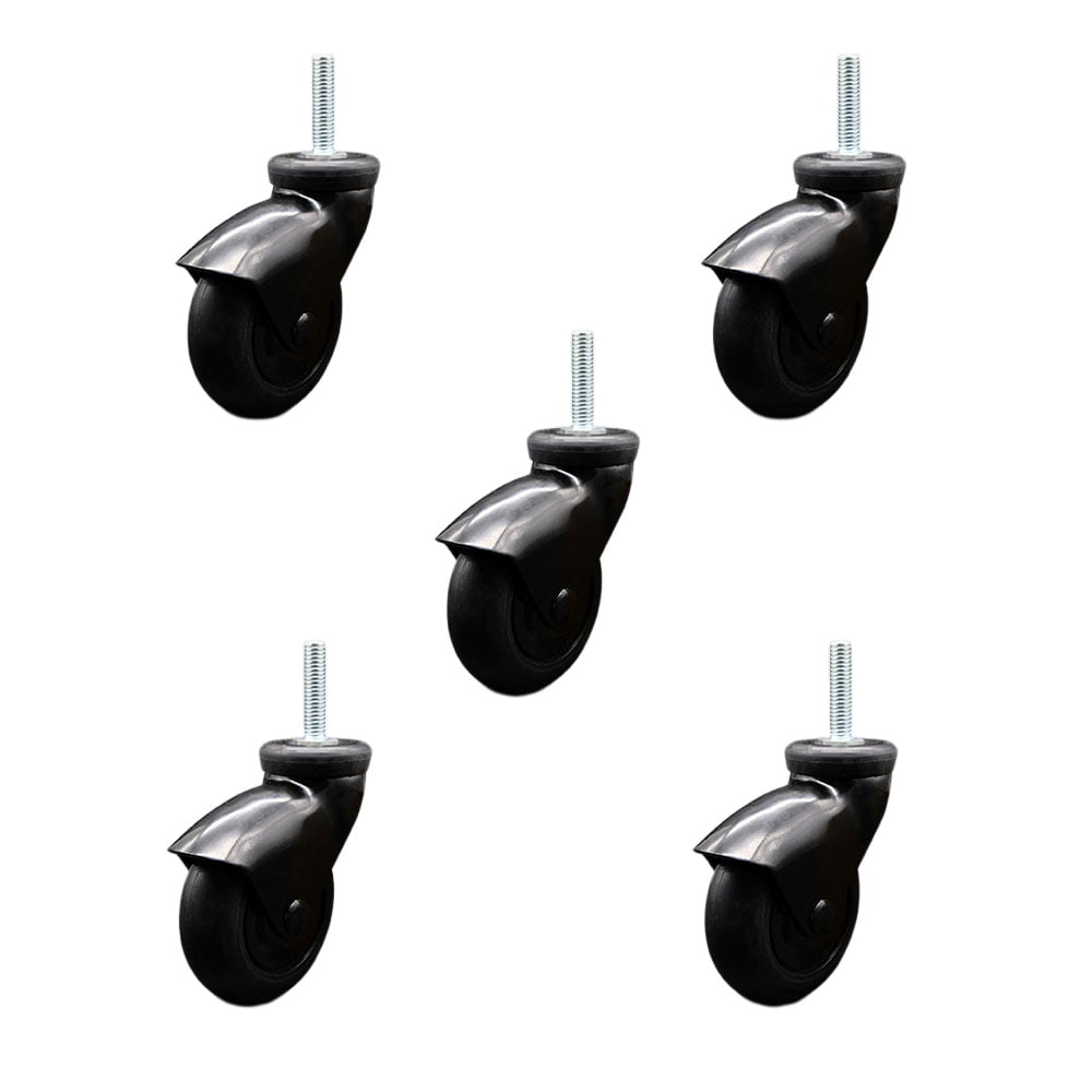 3 Inch Black Hooded Neoprene Rubber 8mm Threaded Stem Casters Set 5 SCC ...