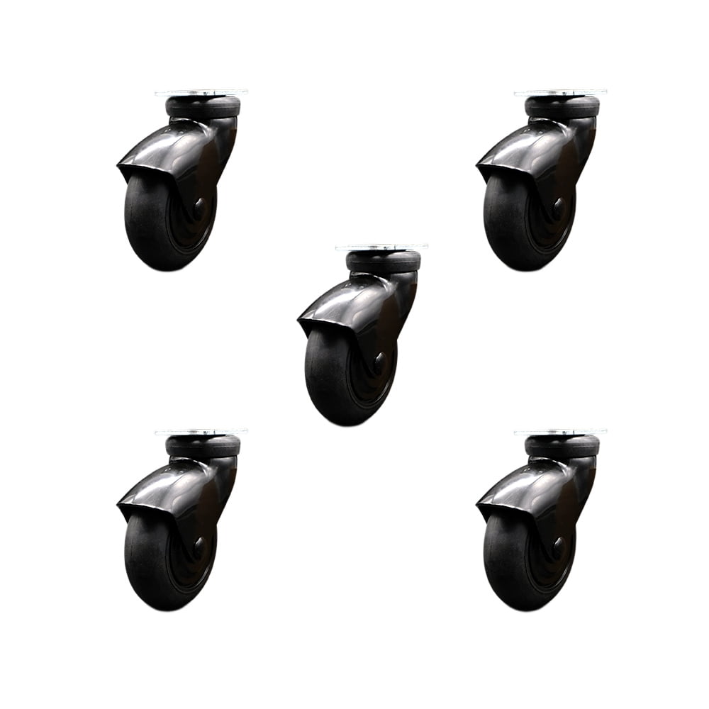 3 Inch Black Hooded Neoprene Rubber Top Plate Casters Set of 5 Service ...
