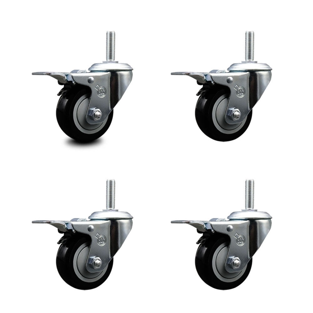 3 Inch Black Poly Swivel 5/8 Inch Threaded Stem Caster Set with Total ...