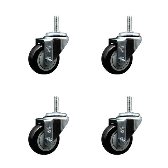3 Inch Black Poly Wheel Swivel 3/4 Inch Threaded Stem Caster Set ...