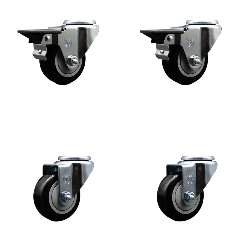 3 Inch Black Poly Wheel Swivel Bolt Hole Caster Set with 2 Posi Lock ...