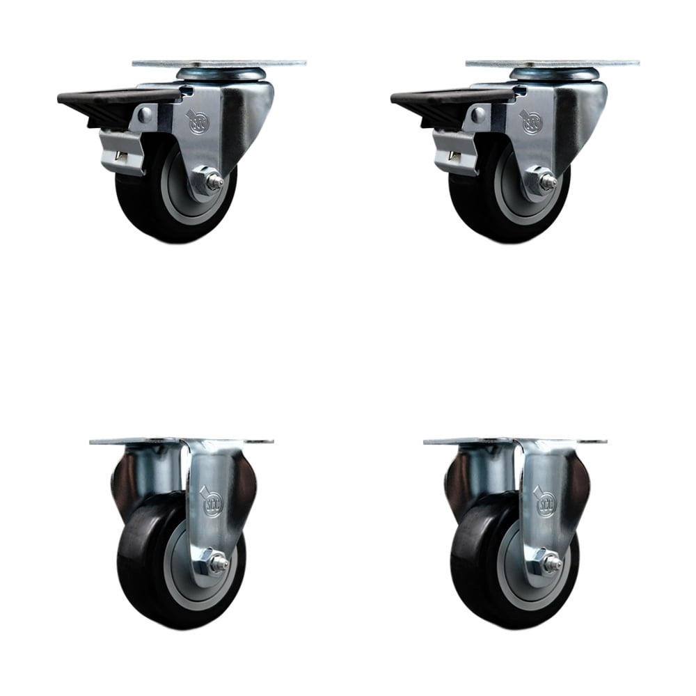 3 Inch Black Poly Wheel Swivel Top Plate Caster Set with 2 Posi Brakes ...