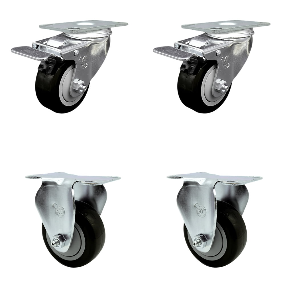 3 Inch Black Polyurethane Swivel Top Plate Caster Set 2 Lock Brakes 2 ...
