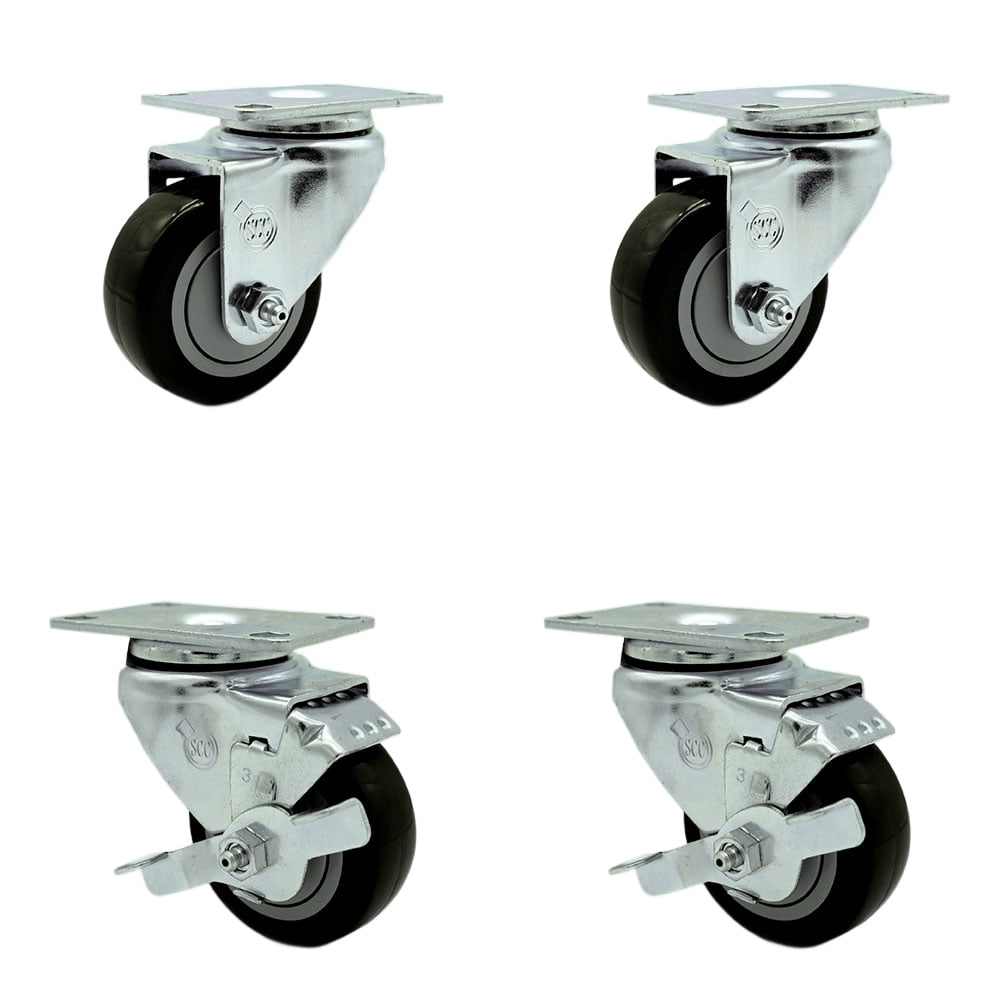 3 Inch Black Polyurethane Wheel Swivel Top Plate Caster Set with 2 ...