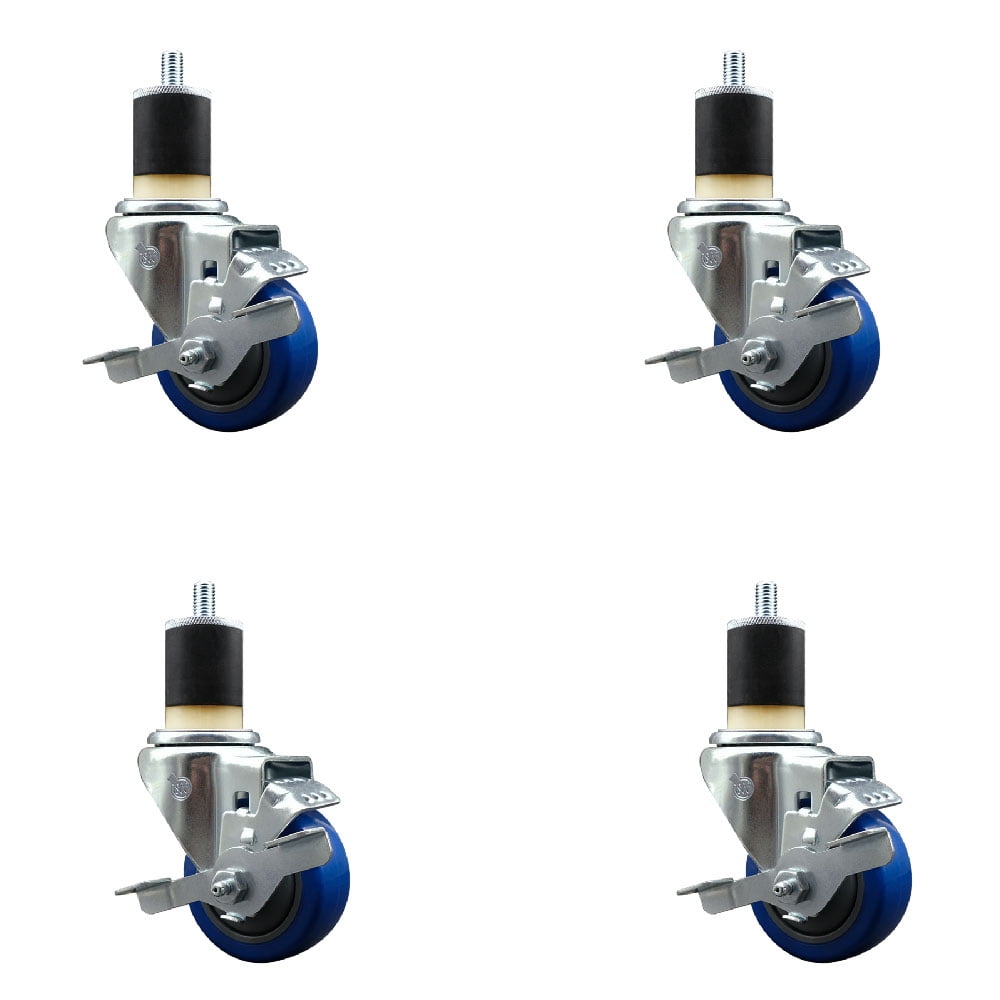 3 Inch Blue Poly Swivel 1-7/8 Inch Expanding Stem Caster Set with Brake ...