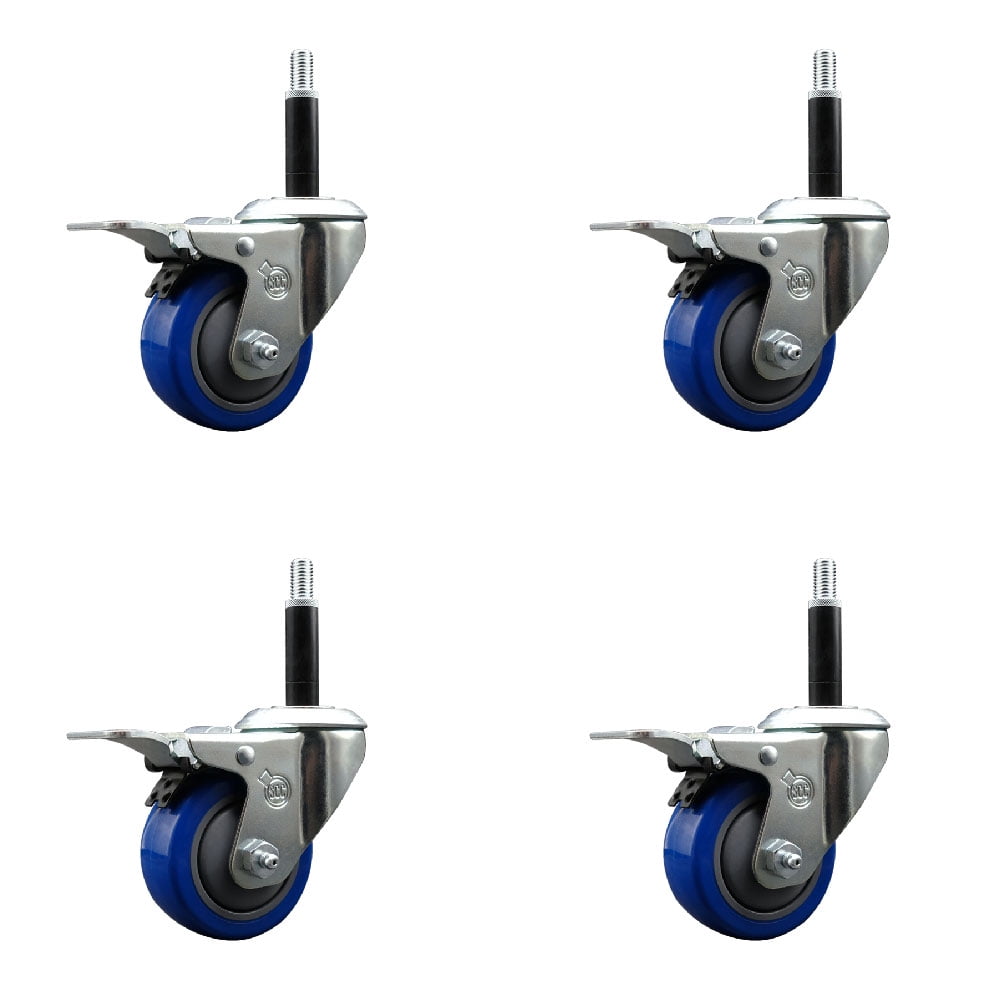 3 Inch Blue Poly Swivel 3/4 Inch Expanding Stem Caster Set Total Lock ...