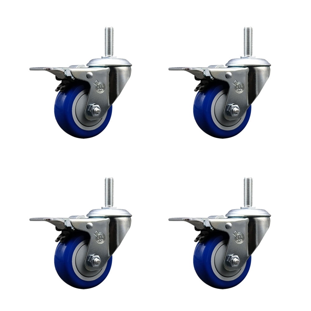3 Inch Blue Poly Swivel 3/4 Inch Threaded Stem Caster Set with Total ...