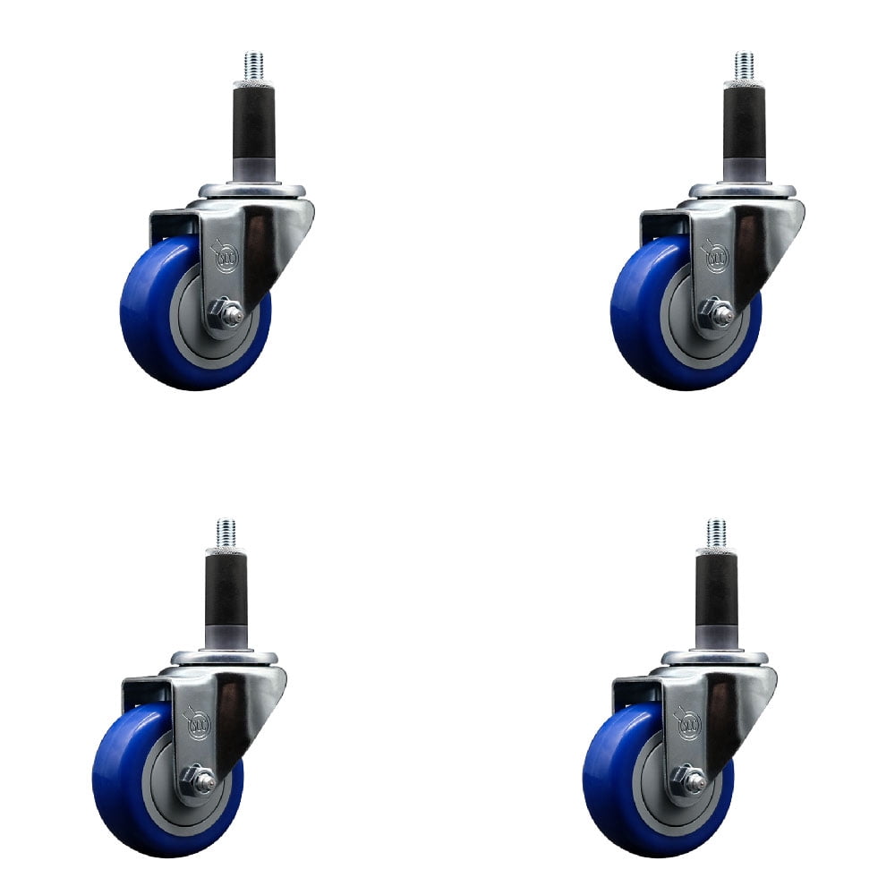 3 Inch Blue Poly Wheel Swivel 1-1/8 Inch Expanding Stem Caster Set SCC ...