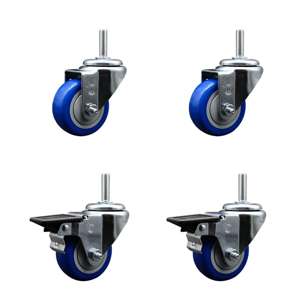 3 Inch Blue Poly Wheel Swivel 3/4 Inch Threaded Stem Caster Set 2 ...