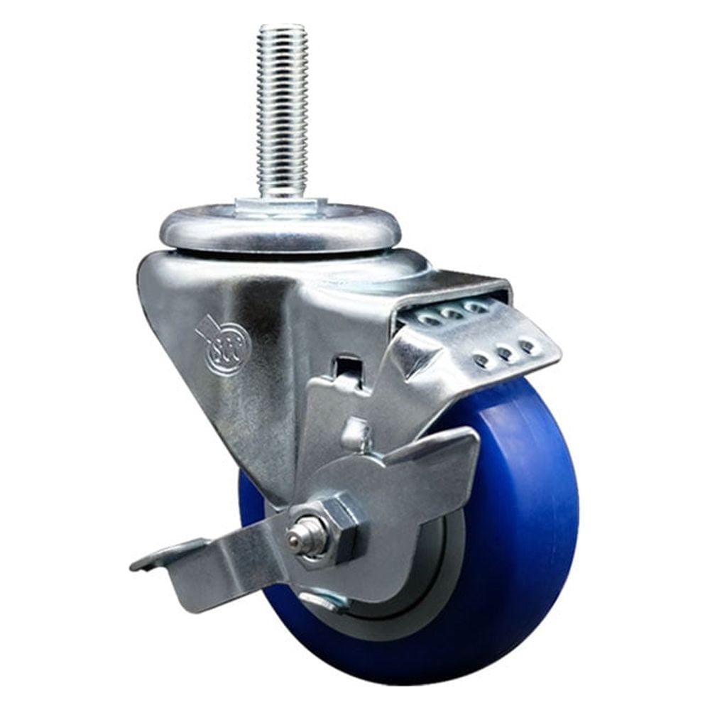 3 Inch Blue Poly Wheel Swivel 3/4 Inch Threaded Stem Caster with Brake ...