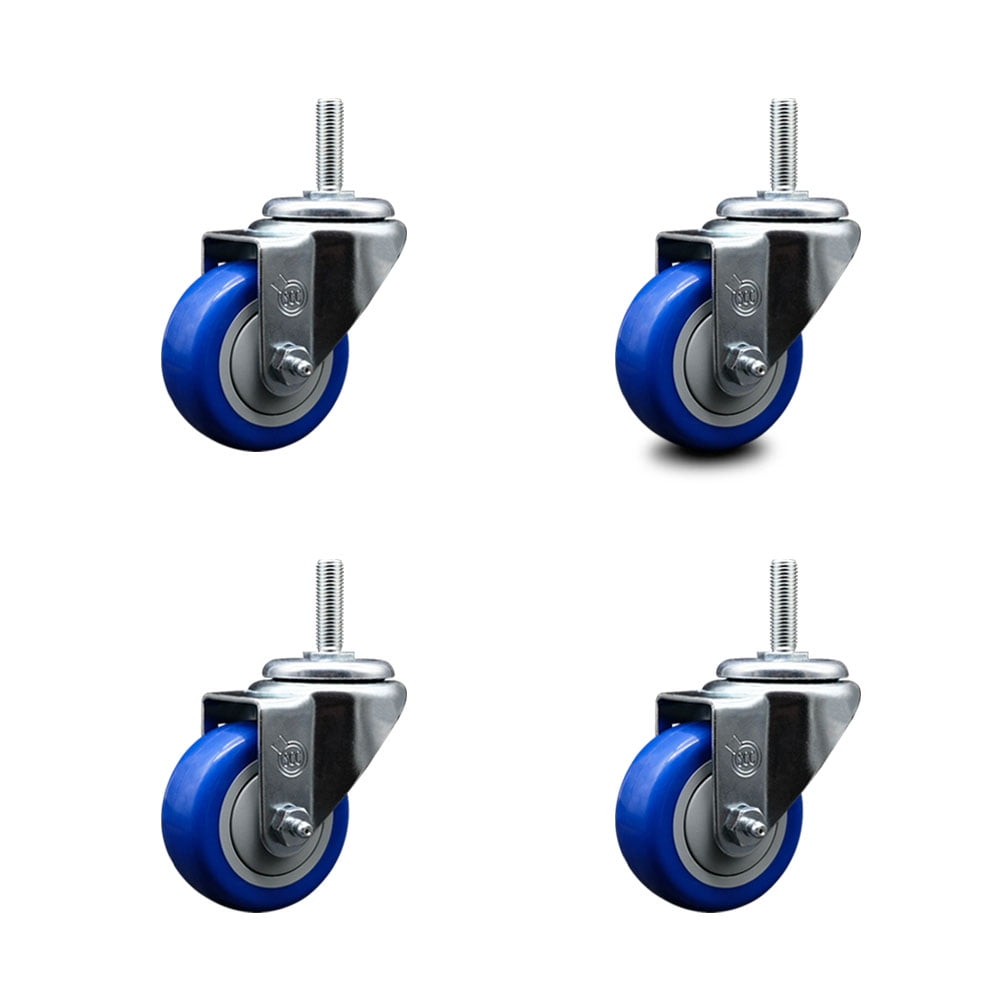 3 Inch Blue Poly Wheel Swivel 5/8 Inch Threaded Stem Caster Set Service ...