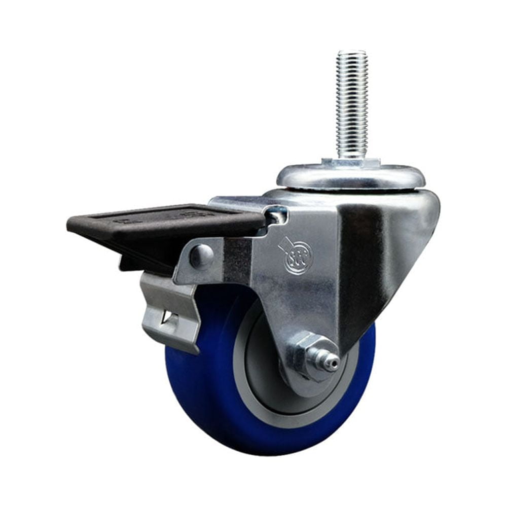 3 Inch Blue Poly Wheel Swivel 5/8 Inch Threaded Stem Caster with Brake ...
