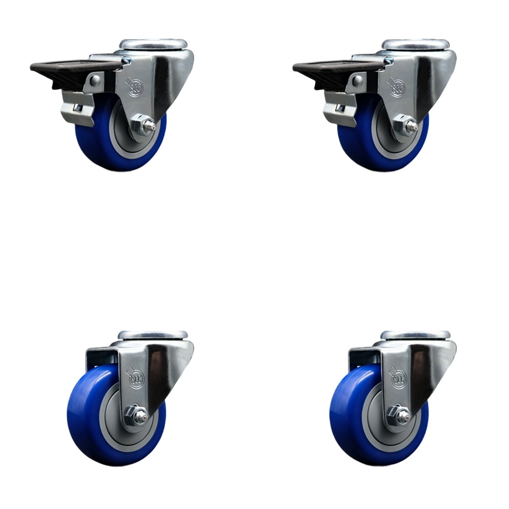 3 Inch Blue Poly Wheel Swivel Bolt Hole Caster Set with 2 Posi Lock ...
