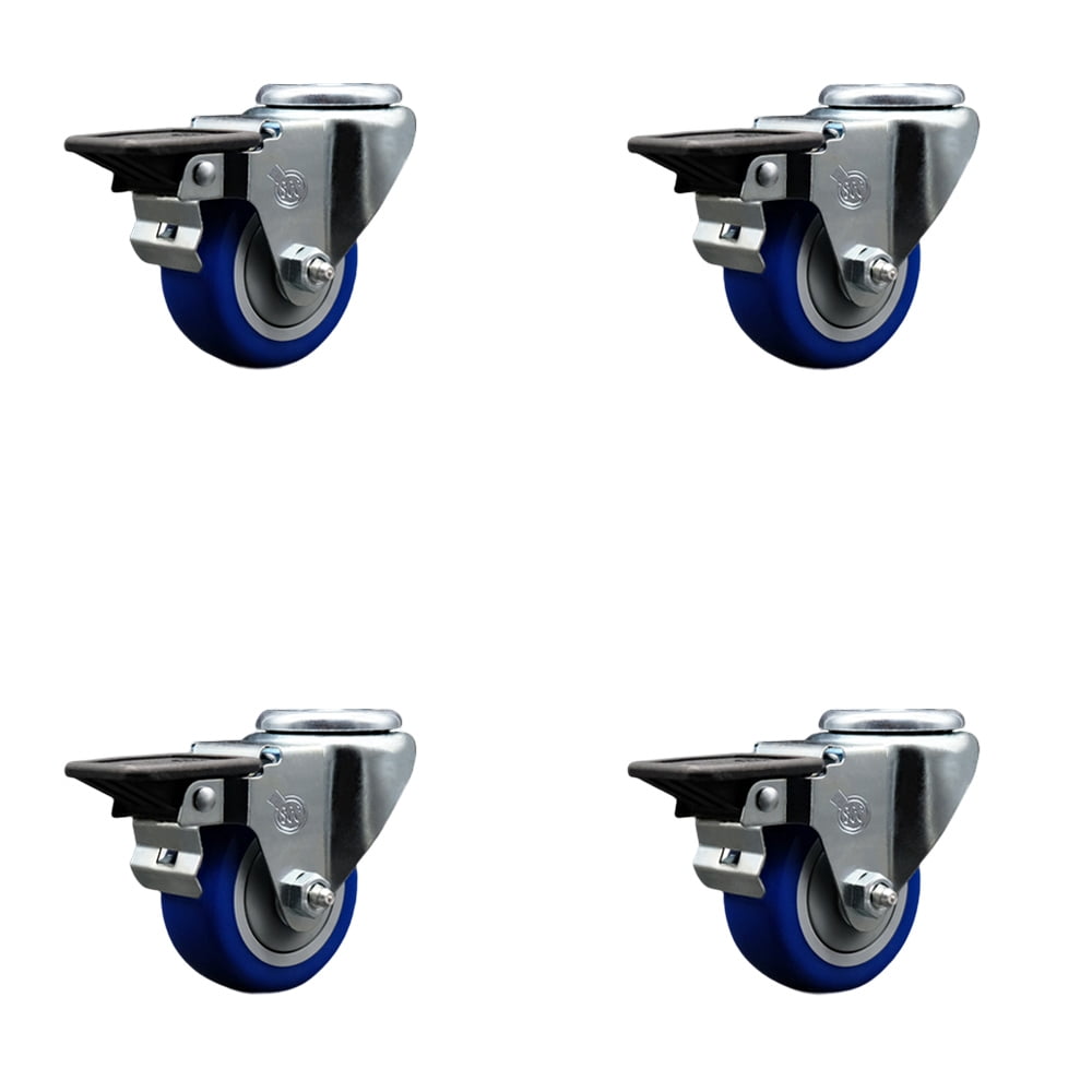 3 Inch Blue Poly Wheel Swivel Bolt Hole Caster Set with Posi Lock ...