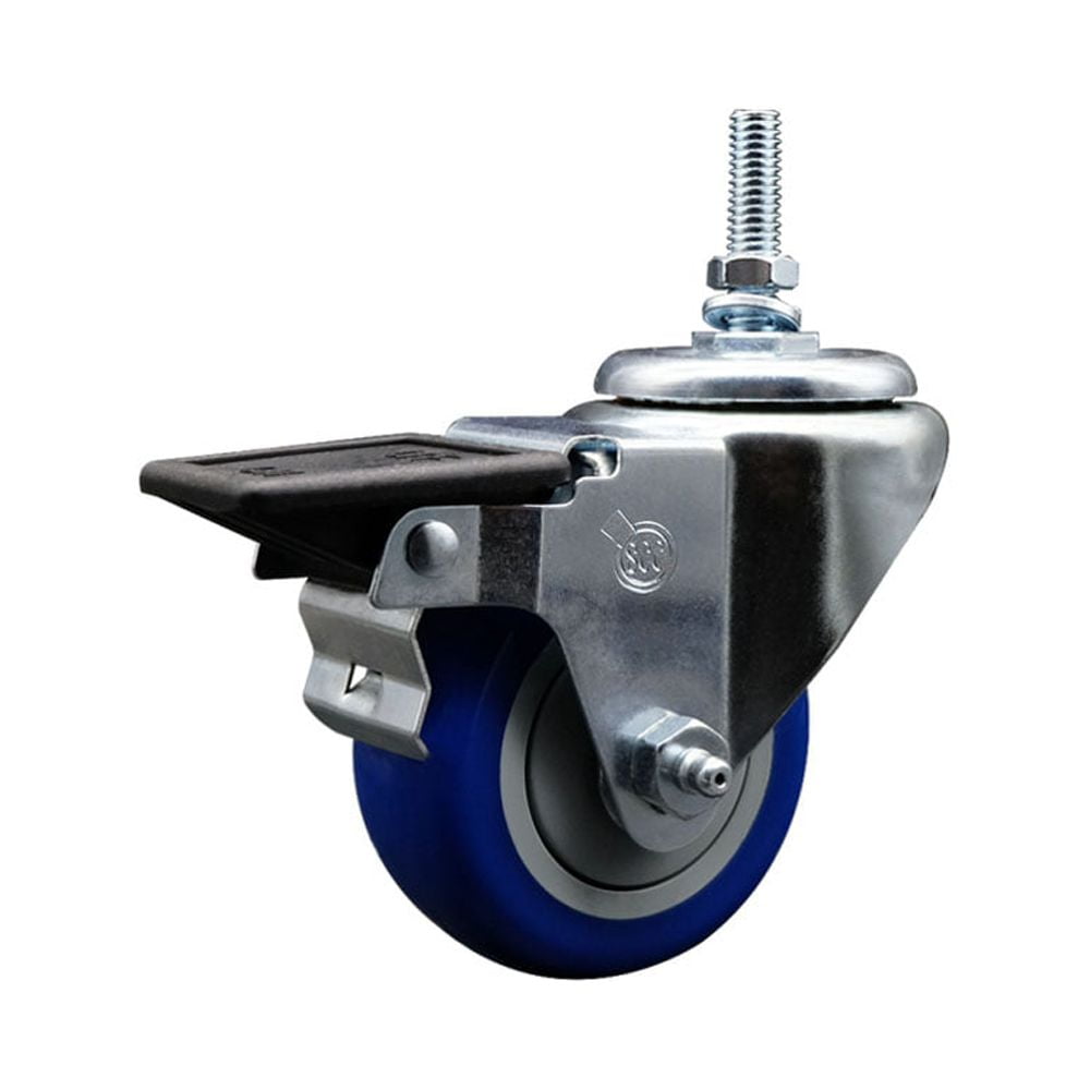 3 Inch Blue Polyurethane 3/8 Inch Threaded Stem Caster with Brake ...