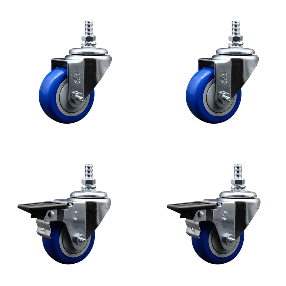 3 Inch Blue Polyurethane ½ Inch Threaded Stem Caster Set 2 Brakes SCC ...