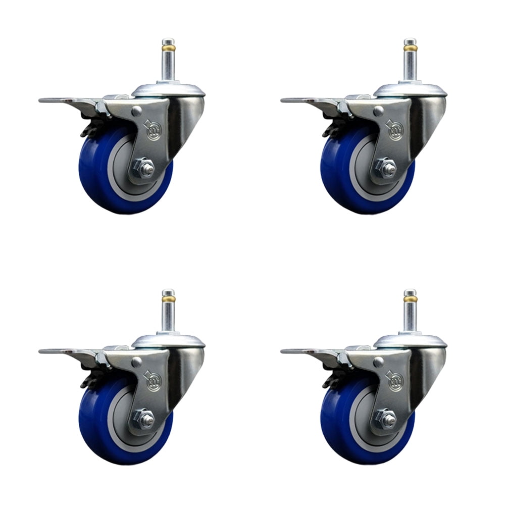 3 Inch Blue Polyurethane Swivel 7/16 Inch Stem Caster Set with Total ...