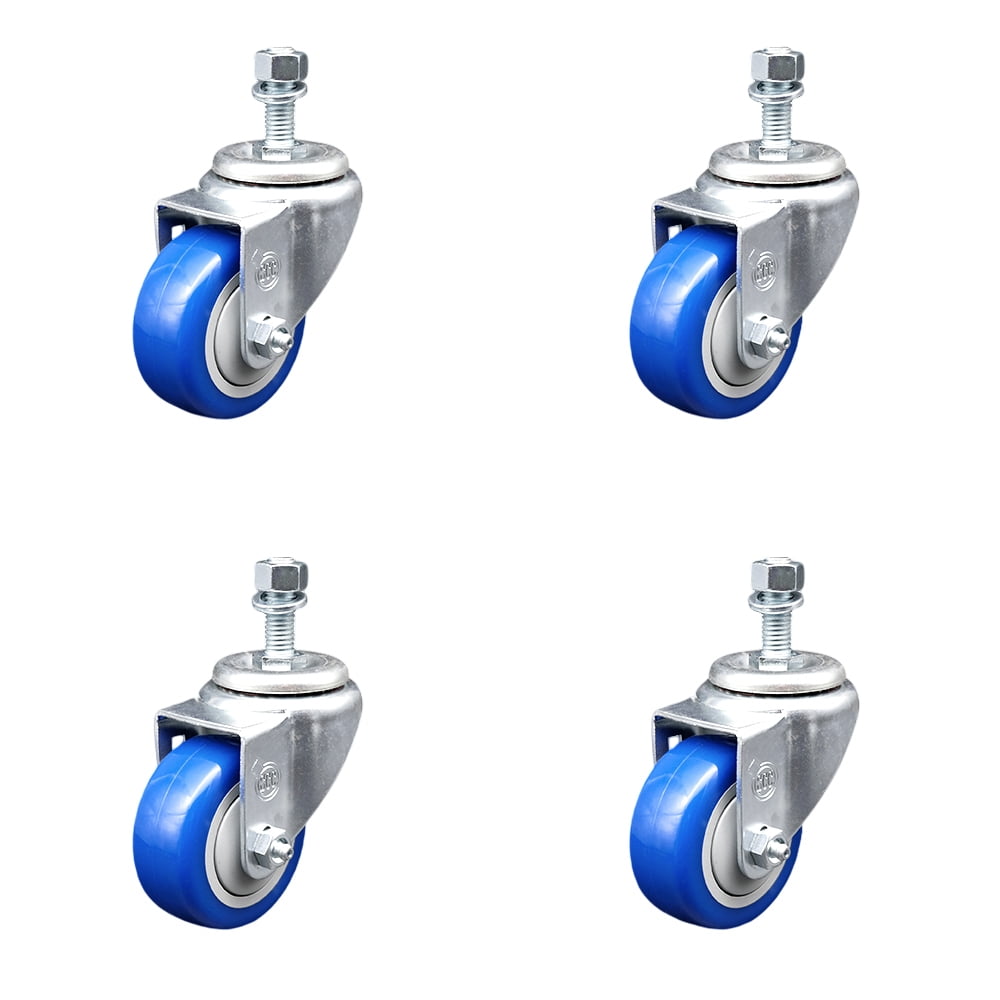 3 Inch Blue Polyurethane Wheel Swivel 12mm Threaded Stem Caster Set SCC ...