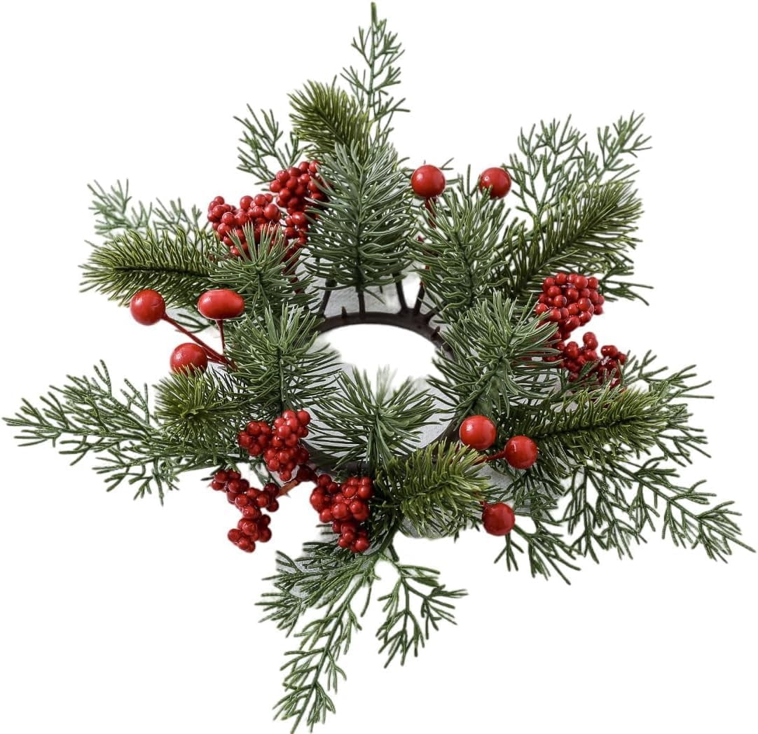 3 Inch Center Red Berry and Greenery Candle Wreath Ring for Pillar ...