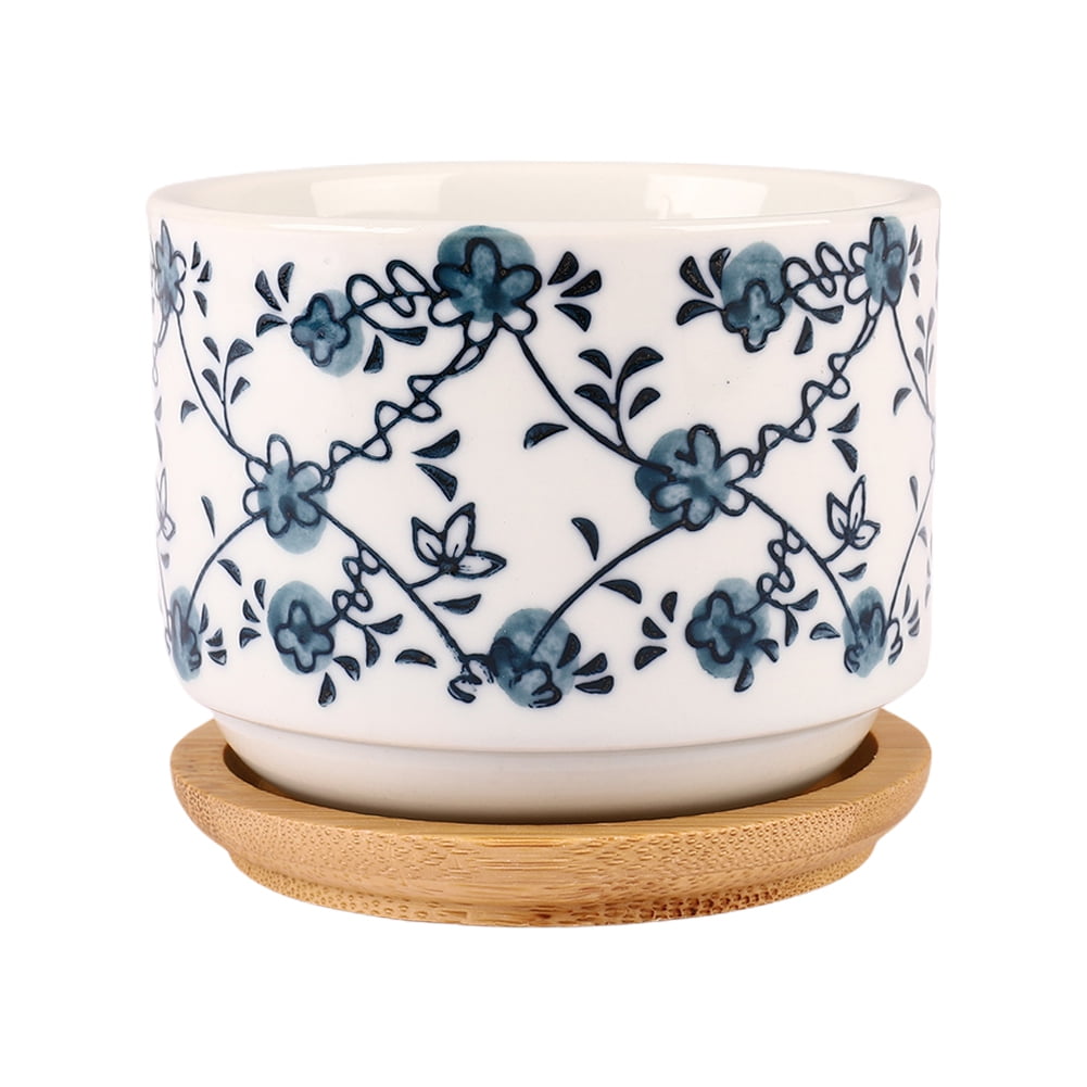 3 Inch Ceramic Planter with Wooden Tray, Small Ceramic Windowsill Pot ...