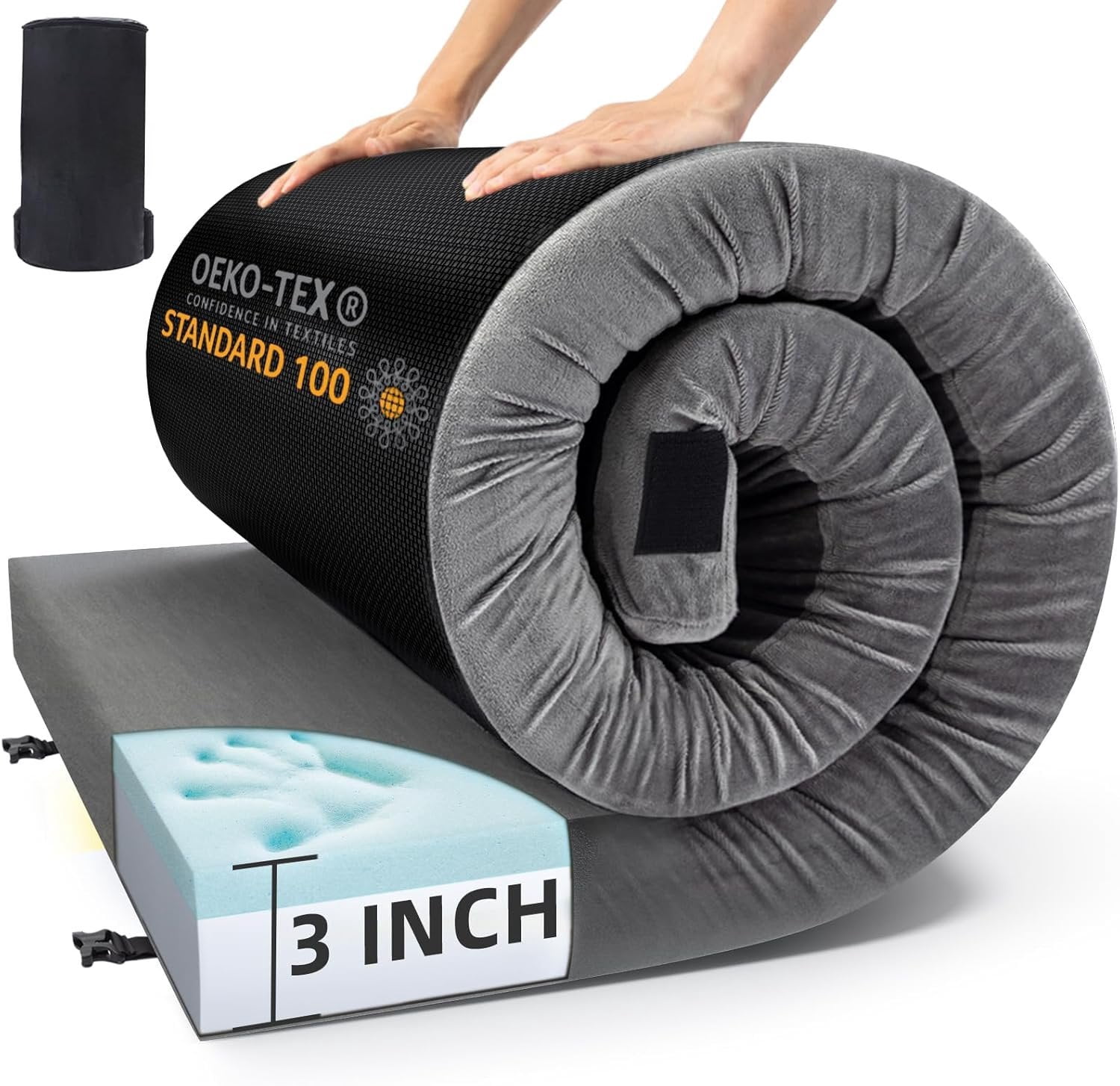 3 Inch CertiPUR- Memory Camping Mattress, Roll up Sleeping Pad for ...