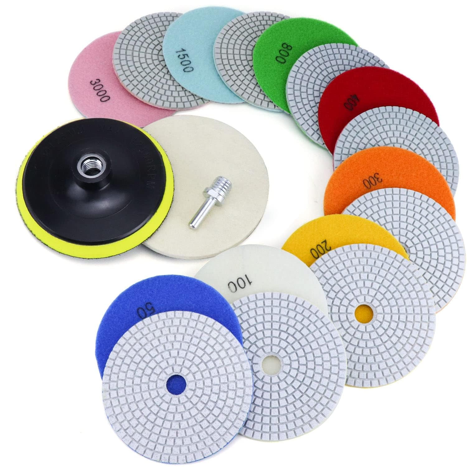 3 Inch Diamond Polishing Pads with M14 Backer Pad, 12PCS Wet/Dry ...
