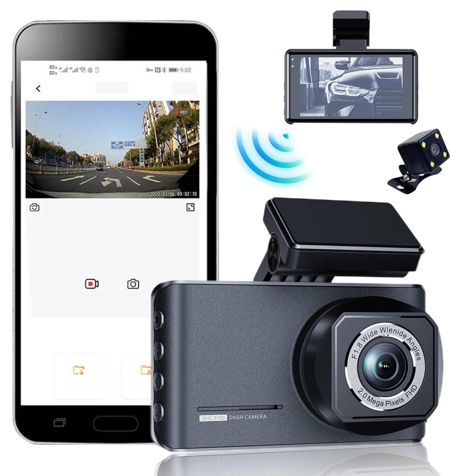 3 Inch Front and Rear Dash Cam 1440P WiFi Car DVR, Loop Recording Night ...