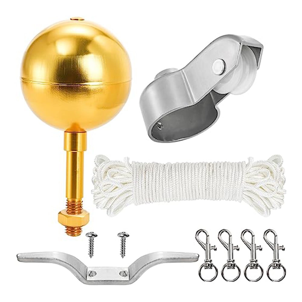 3-Inch Gold Flagpole Ball Set with Aluminum Pulley, 50ft Rope, 4 Hook ...