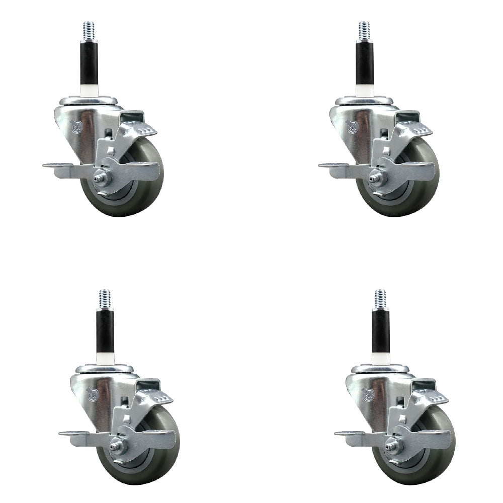 3 Inch Gray Poly Swivel 7/8 Inch Expanding Stem Caster Set with Brake ...