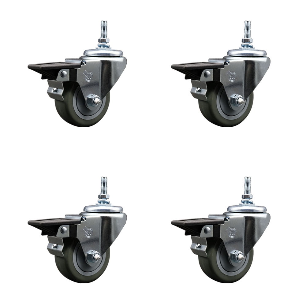 3 Inch Gray Polyurethane 12MM Threaded Stem Caster Set with Brake ...
