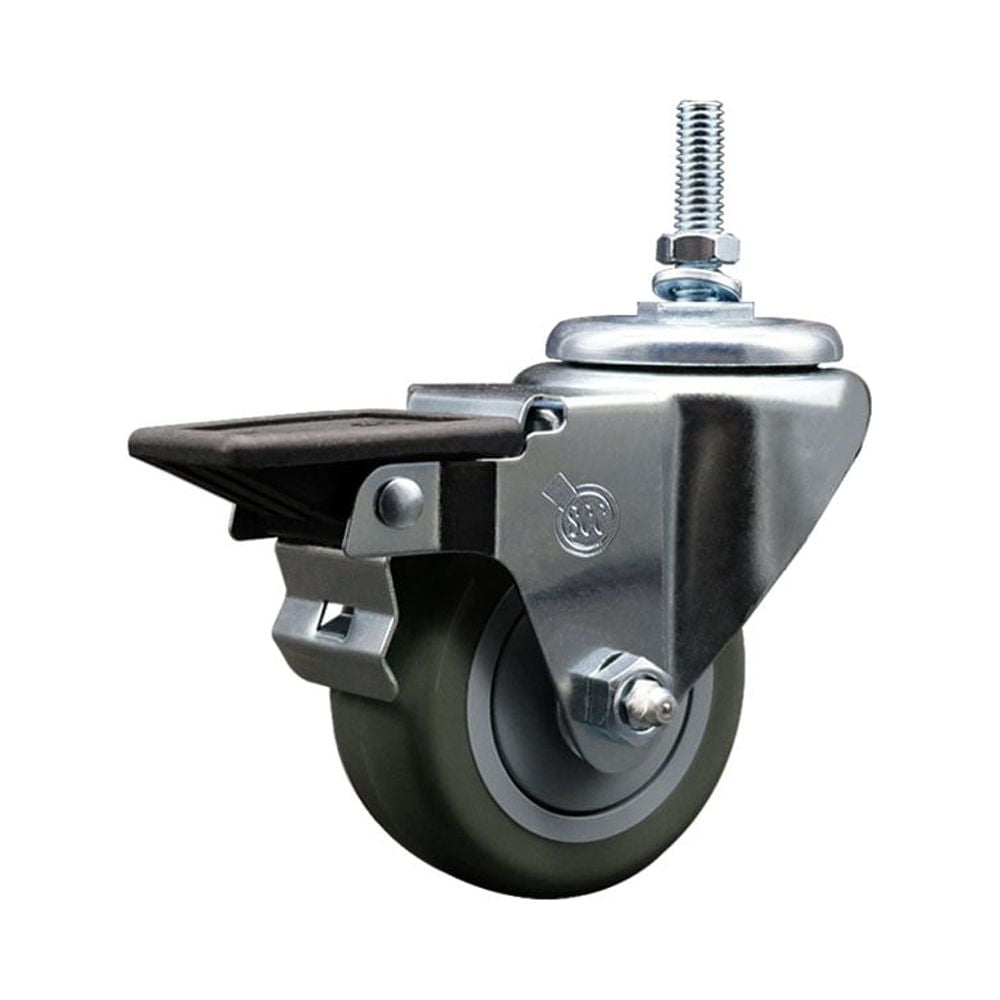 3 Inch Gray Polyurethane 3/8 Inch Threaded Stem Caster with Brake ...